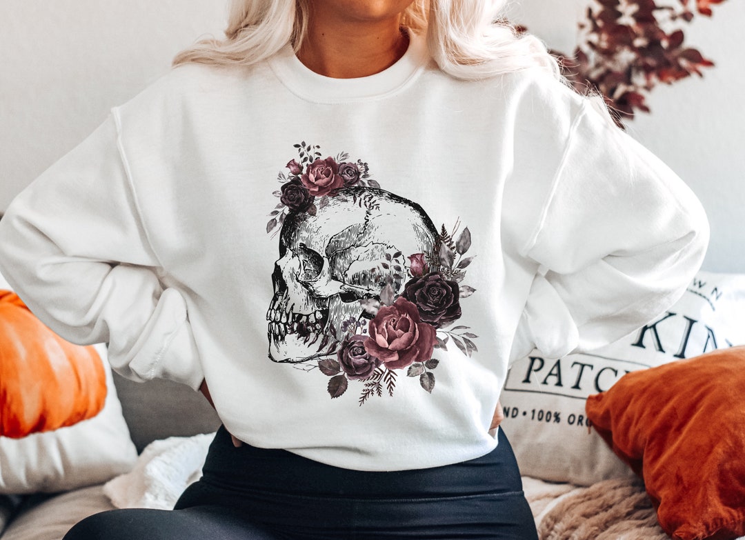 Skull and Roses Sweatshirt, Halloween Sweatshirt, Skeleton Sweatshirt ...