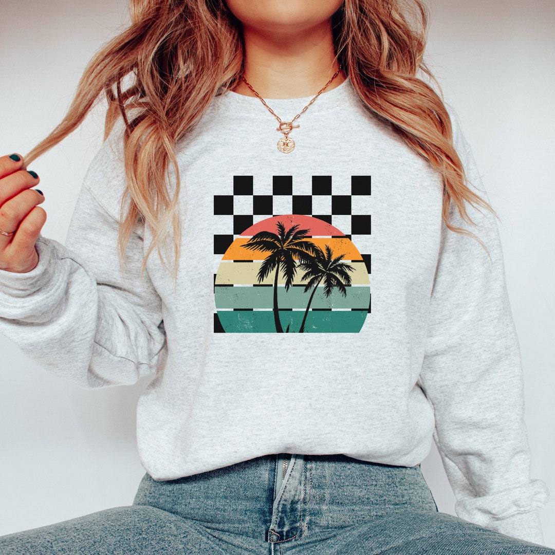Retro Checkerboard Palm Tree Sunset Sweatshirt, Summer Vibes Sweater ...