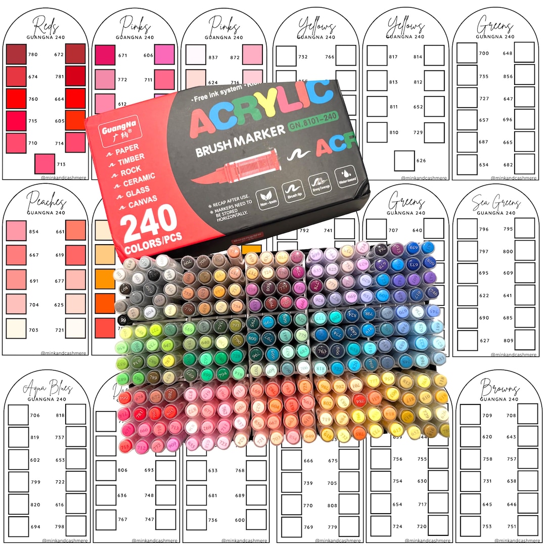 Guangna 240 Acrylic Brush Markers Swatch Template, PDF Digital Download ...