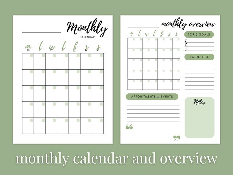 Sage Green 10 Page Planner Printable Monthly Calendar Basic - Etsy