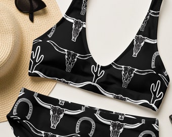 Longhorn Skull Recycled High-waisted Bikini, Cactus Western Swimsuit ...