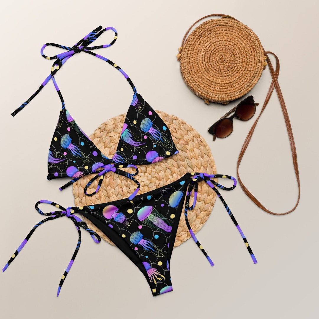 Jellyfish Print Recycled String Bikini Set, Cheeky Bikini Two Piece ...