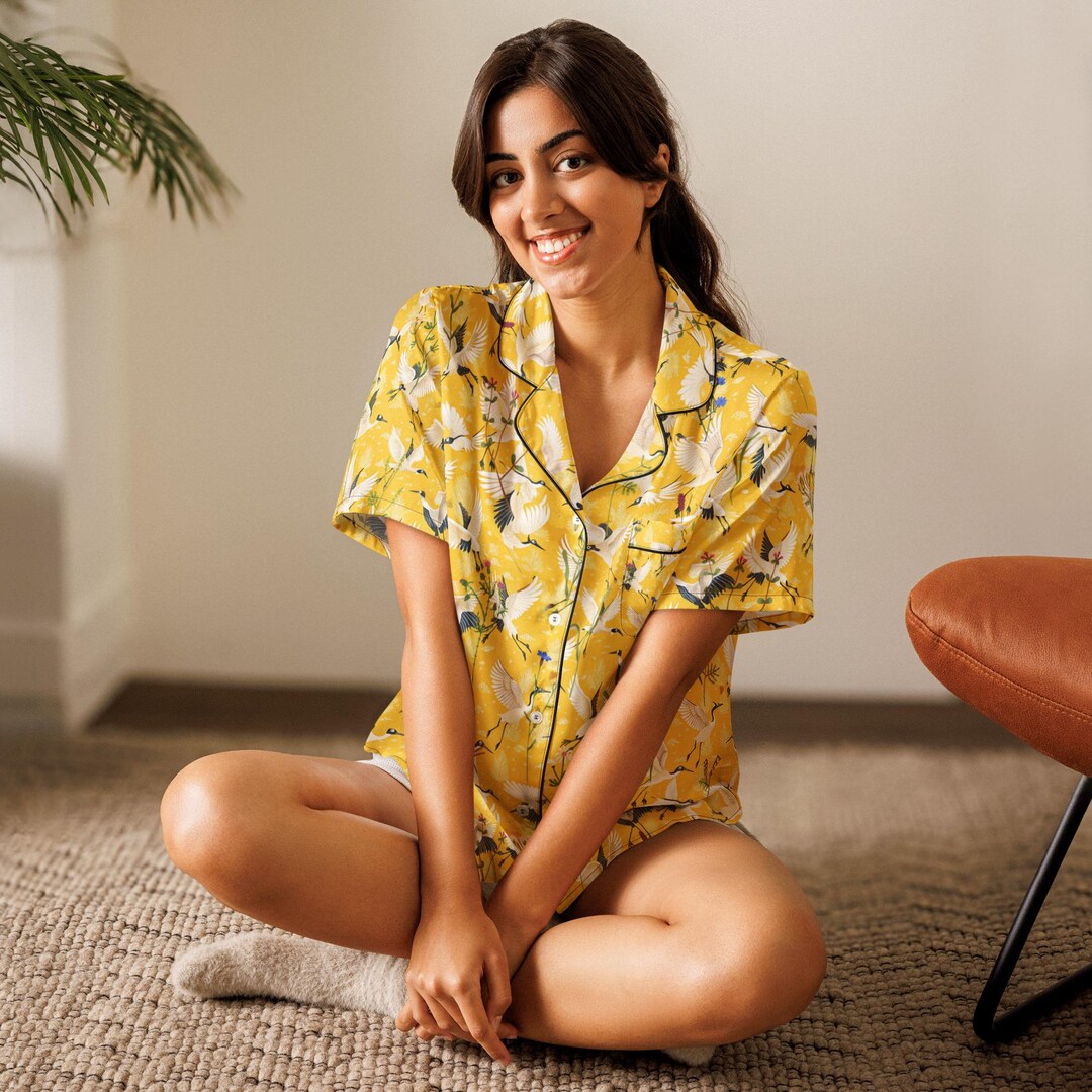 Flying Cranes Bohemian Floral Women’s Short Sleeve Pajama Top, Home ...