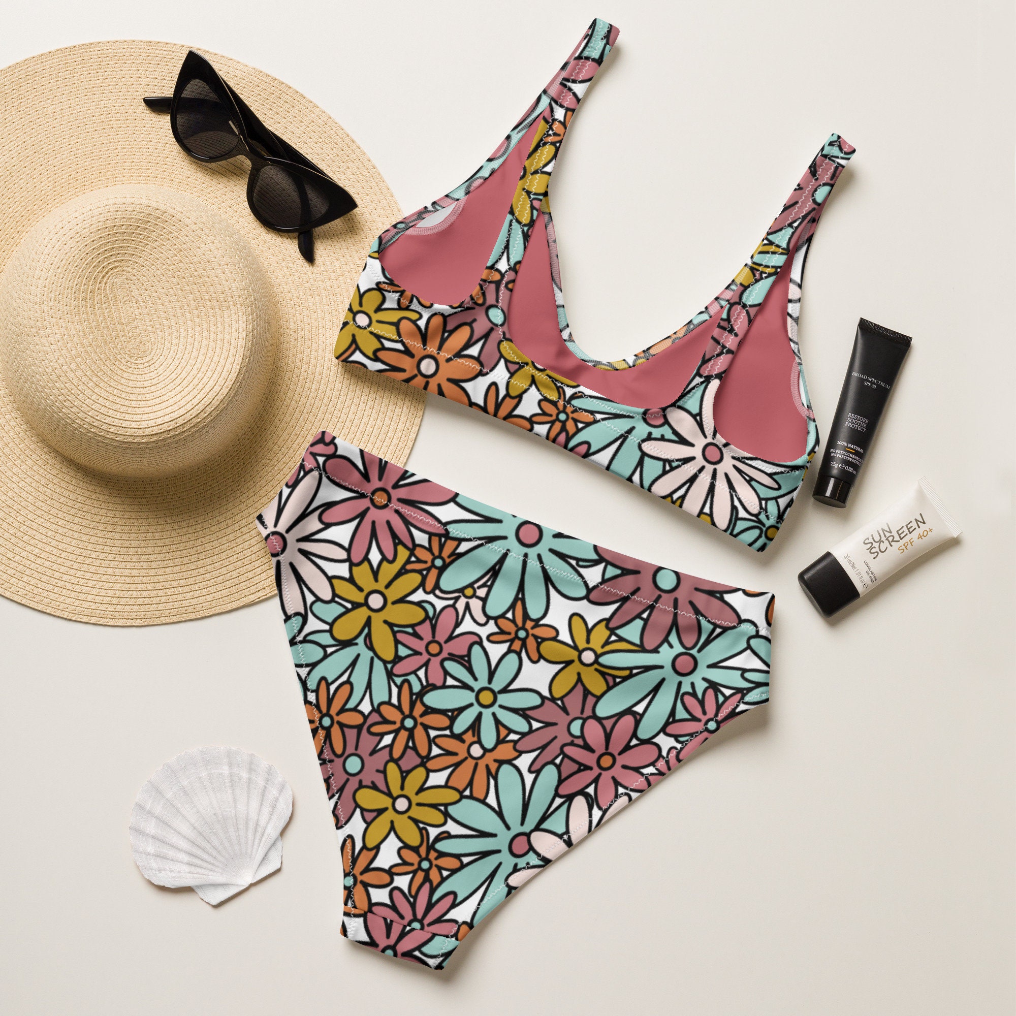 Retro 70s Style Eco Friendly High-waisted Blue Bikini, Boho Floral ...