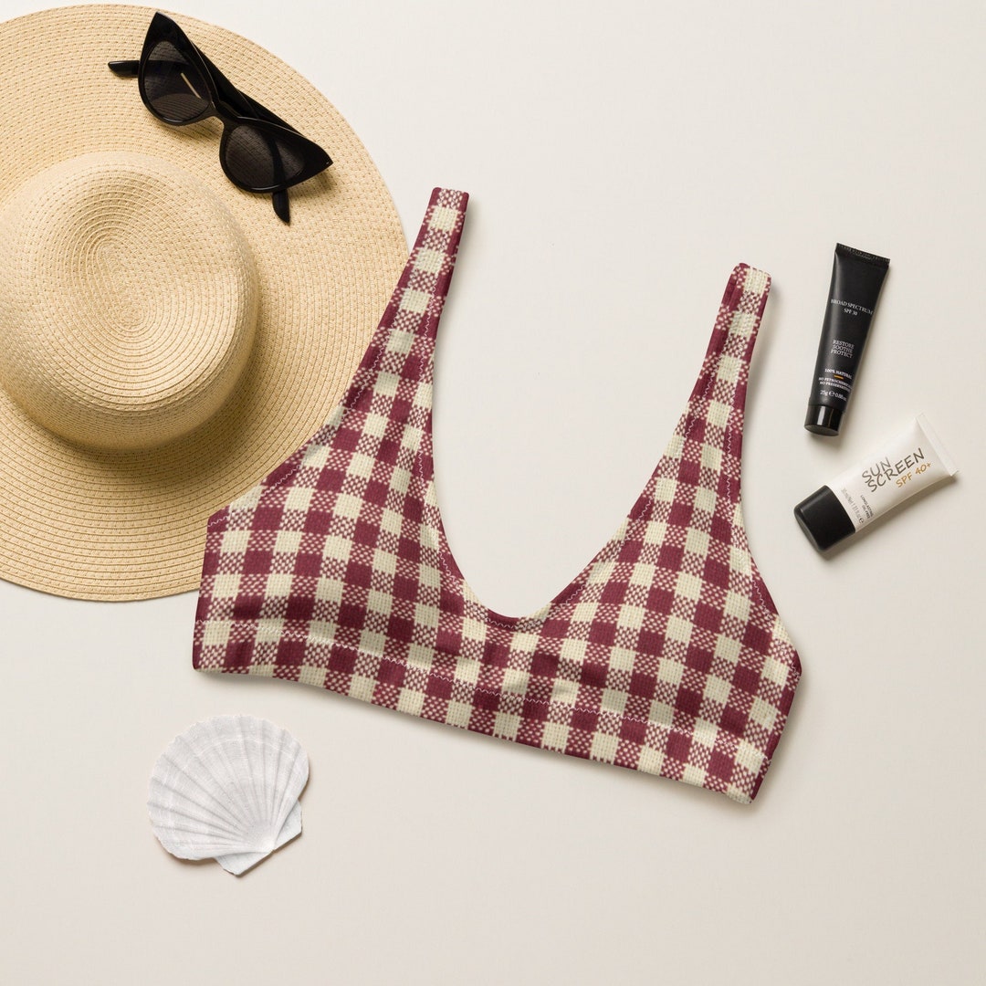 Cute Vintage Beige & Red Checkered Eco Friendly Bikini Top, Boho ...
