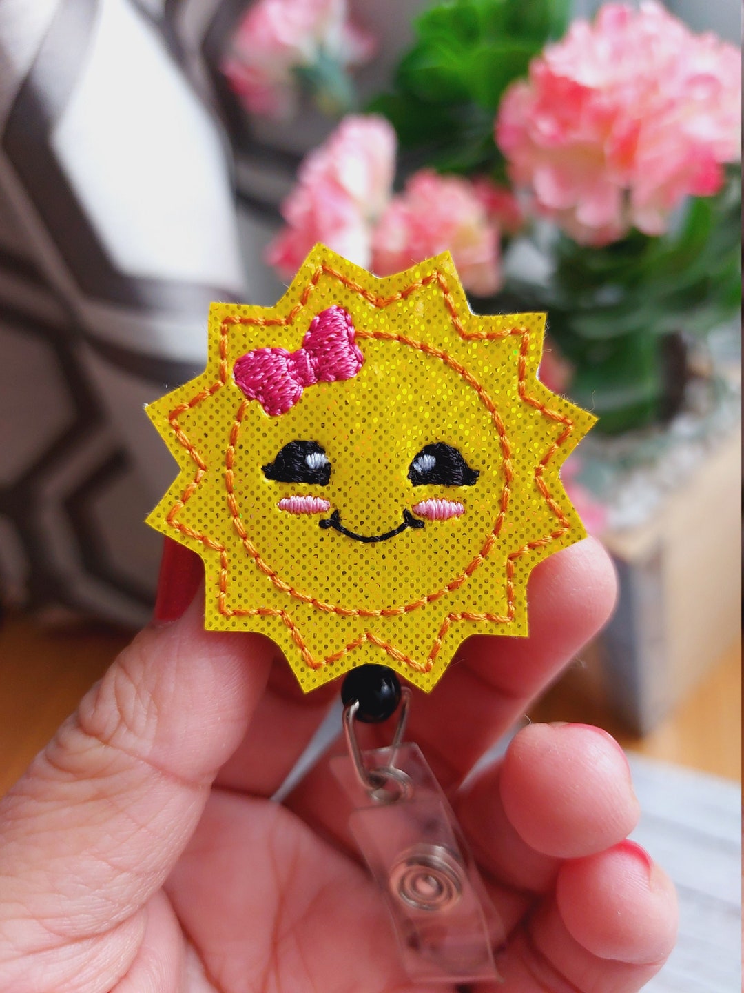 Happy Sun Embroidered Badge Reel, ID Holder - Etsy