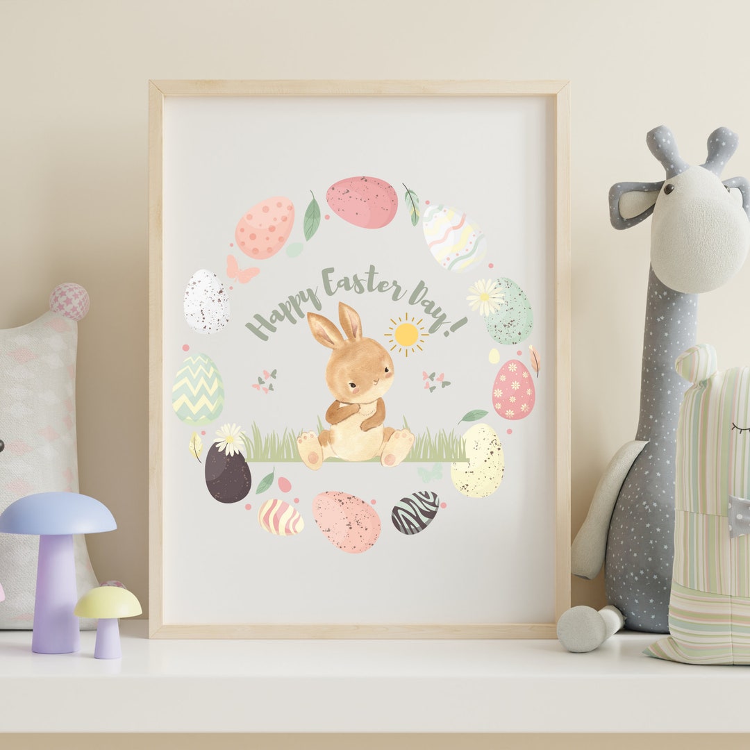 Easter Printable Wall Art, Printable Easter Wreath Decor, Easter Bunny ...