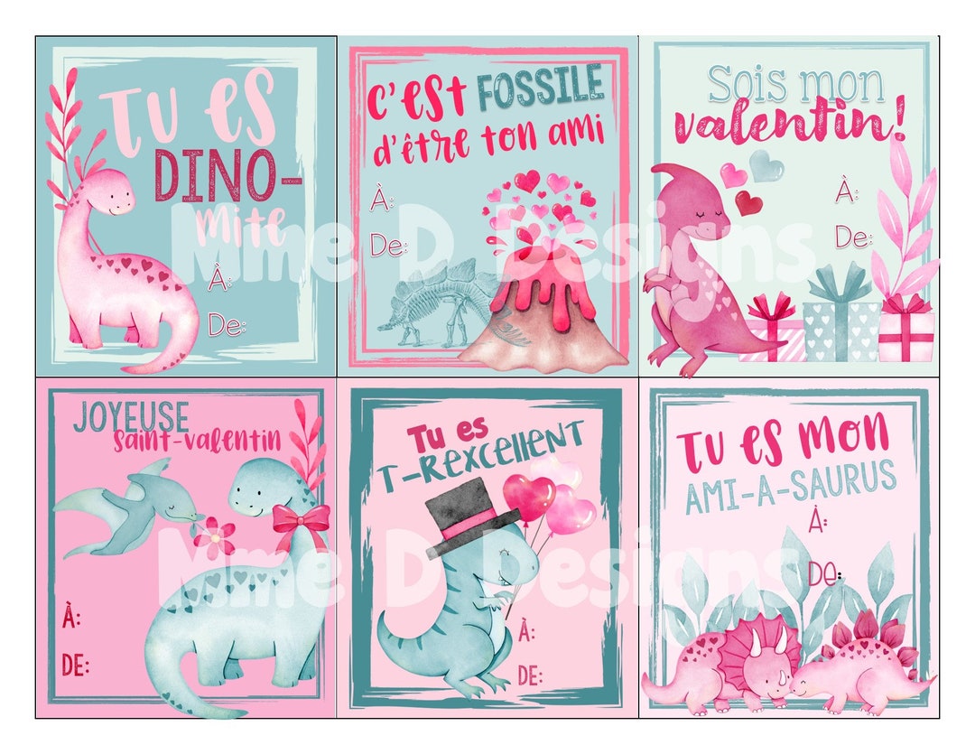FRENCH Cute Dinosaurs Dino Valentine Set of 8 PRINTABLE ,download, Pdf ...