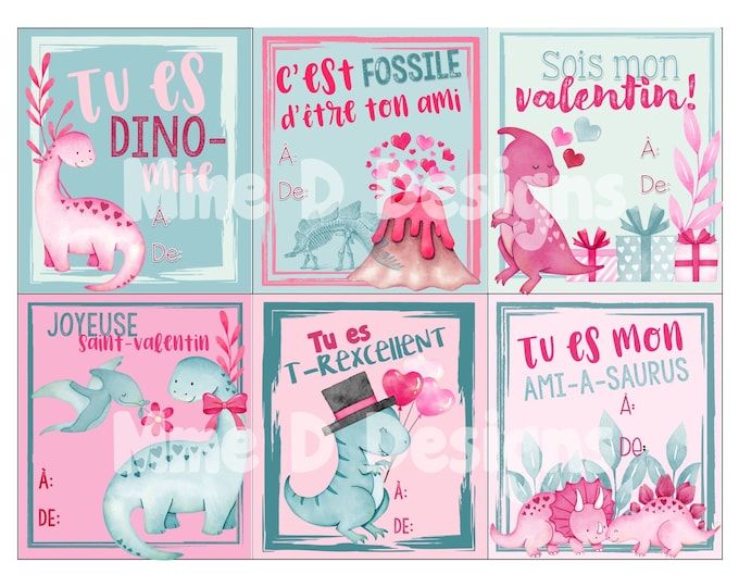 FRENCH Cute Dinosaurs Dino Valentine Set of 8 PRINTABLE - Etsy