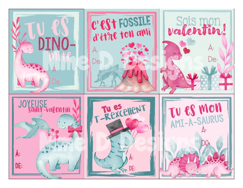 FRENCH Cute Dinosaurs Dino Valentine Set of 8 PRINTABLE ,download, Pdf ...