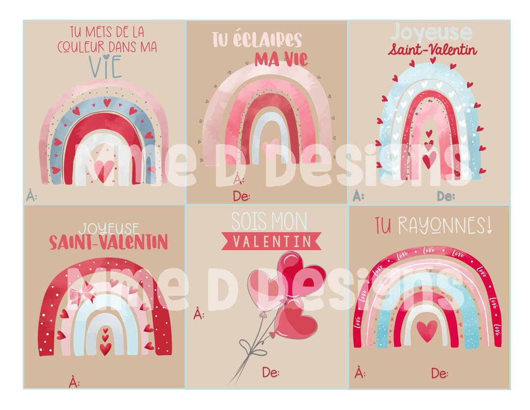 FRENCH Cute Rainbows Valentine Set of 8 PRINTABLE ,download, Pdf ...