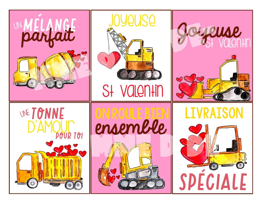 FRENCH Cute Construction Camions Valentine Set of 8 PRINTABLE ,download ...