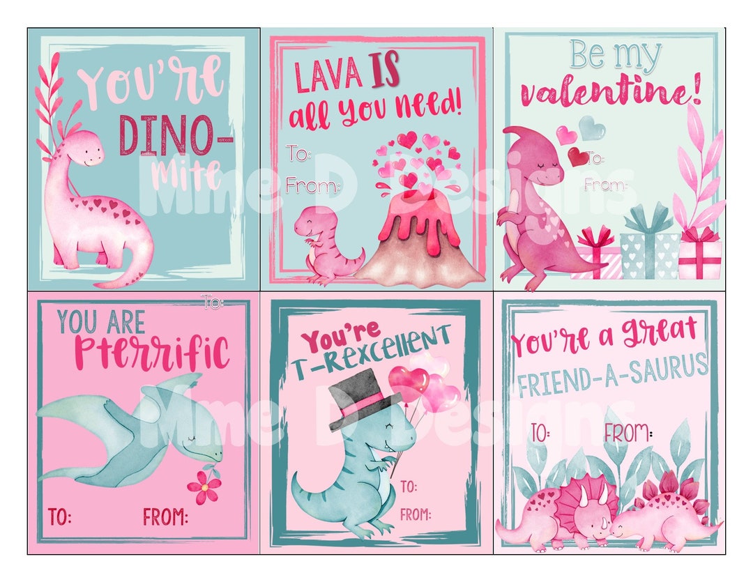 Cute Dinosaur Valentine Cards, Set of 8 PRINTABLE ,download, Pdf ...
