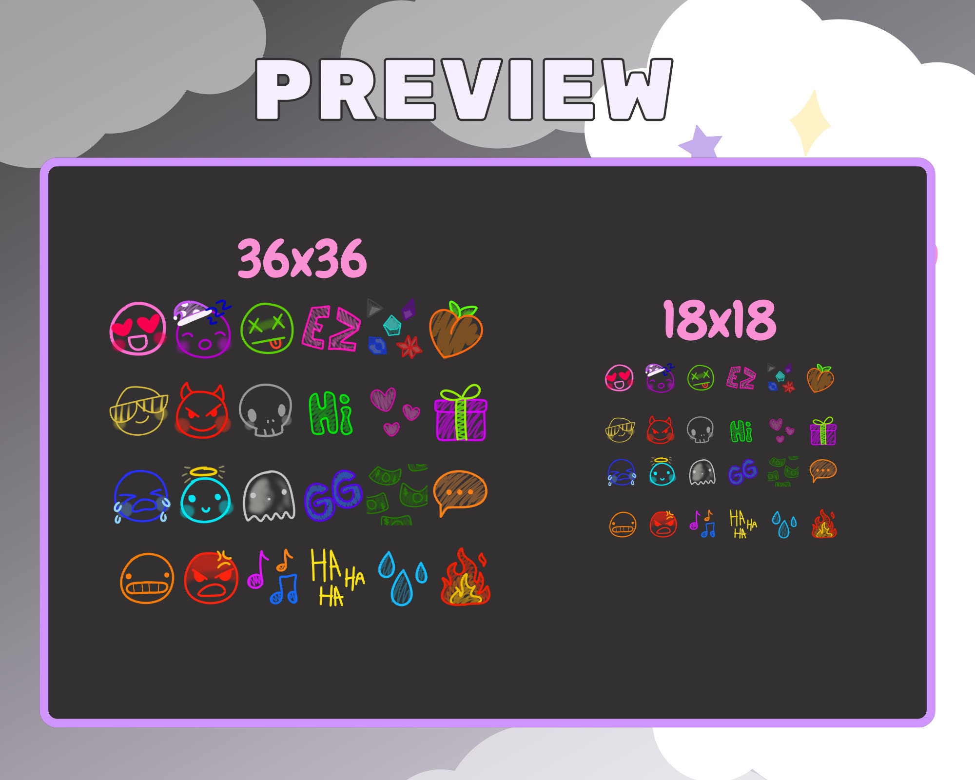 24 Fun Neon Doodle Emotes | Twitch | Youtube | Discord | Streamer ...