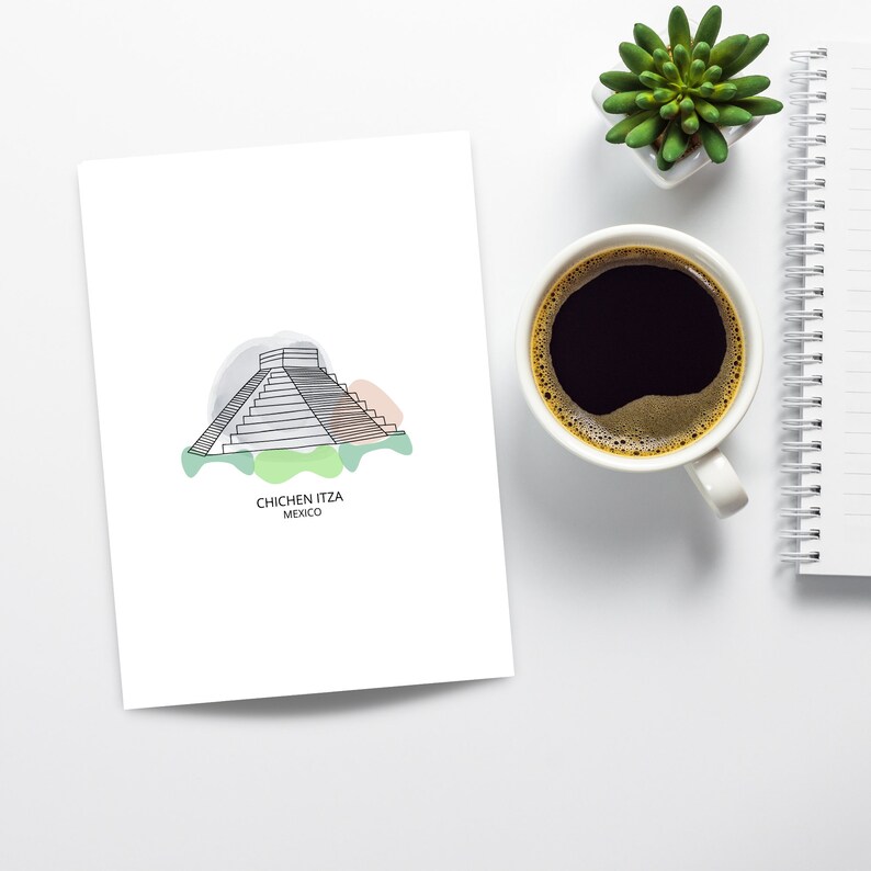 Chichen Itza Mexico Pyramid Poster, Monumental Line Art Print ...