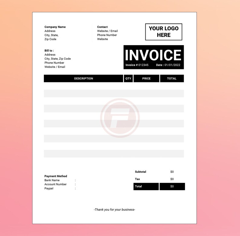 Invoice Template Word Editable Printable Receipt A4 & US - Etsy