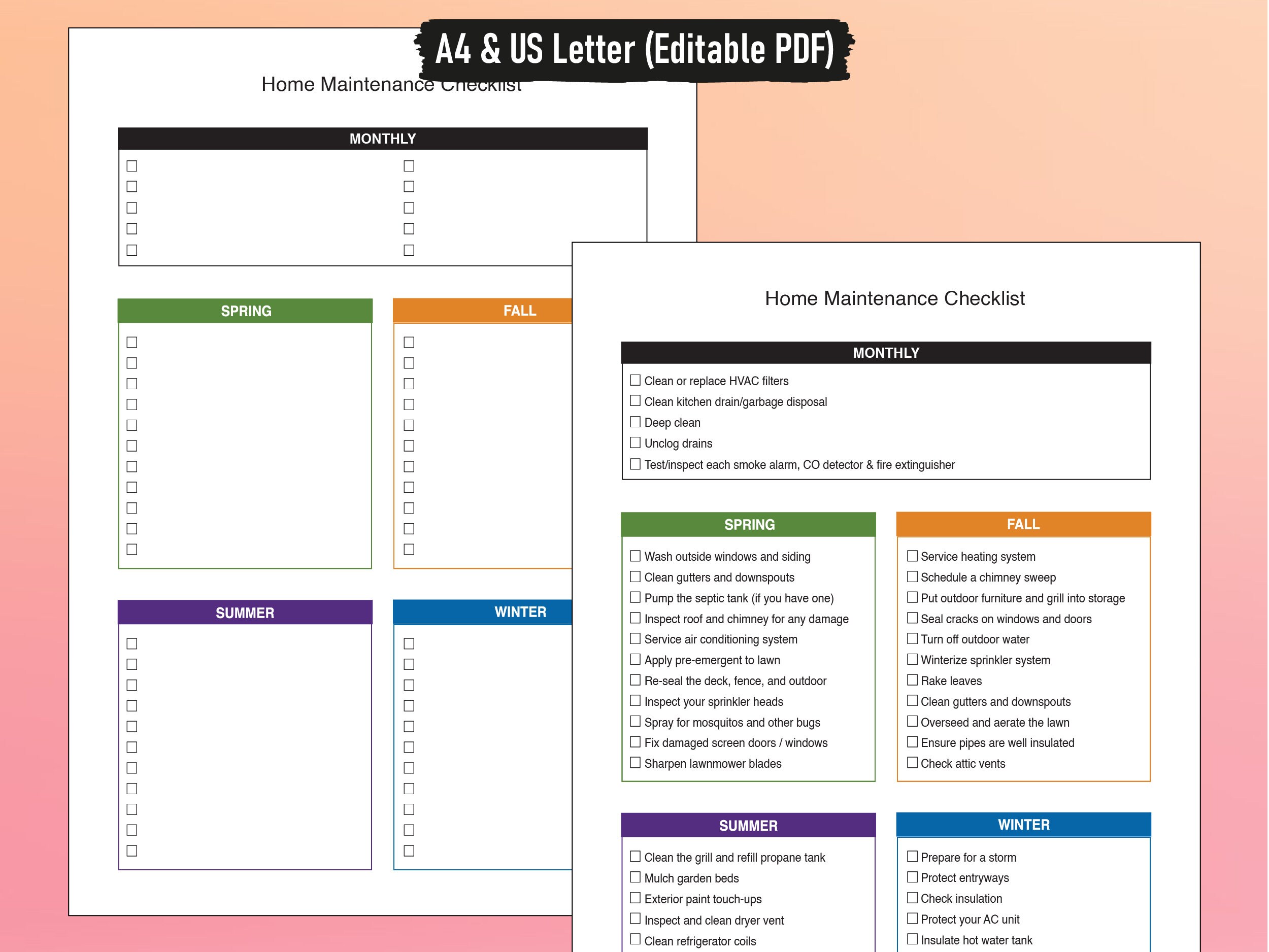Printable Editable PDF Seasonal Home Maintenance Checklist - Etsy