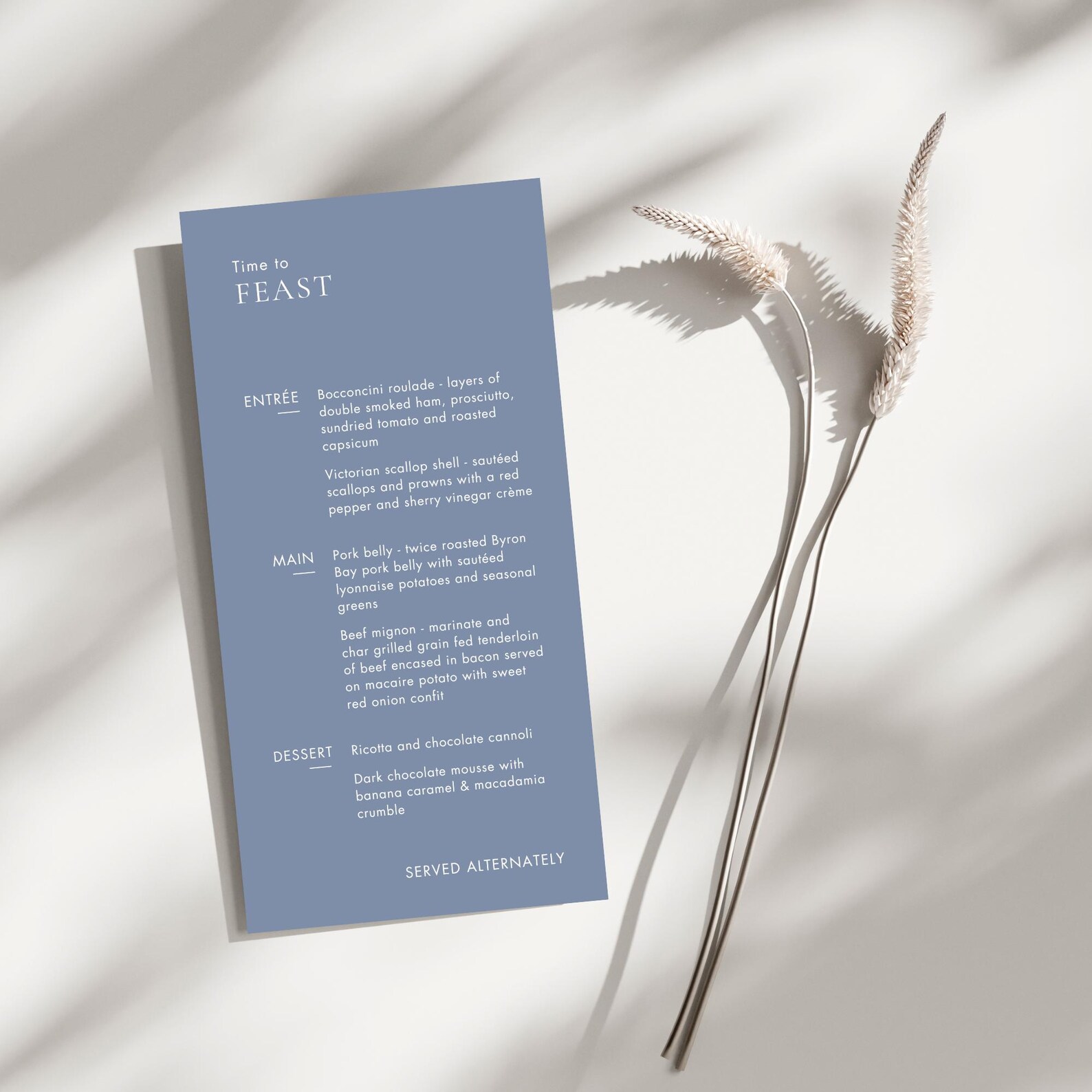 Modern Blue Wedding Dinner Menu | Blue and White Table Menu Card ...