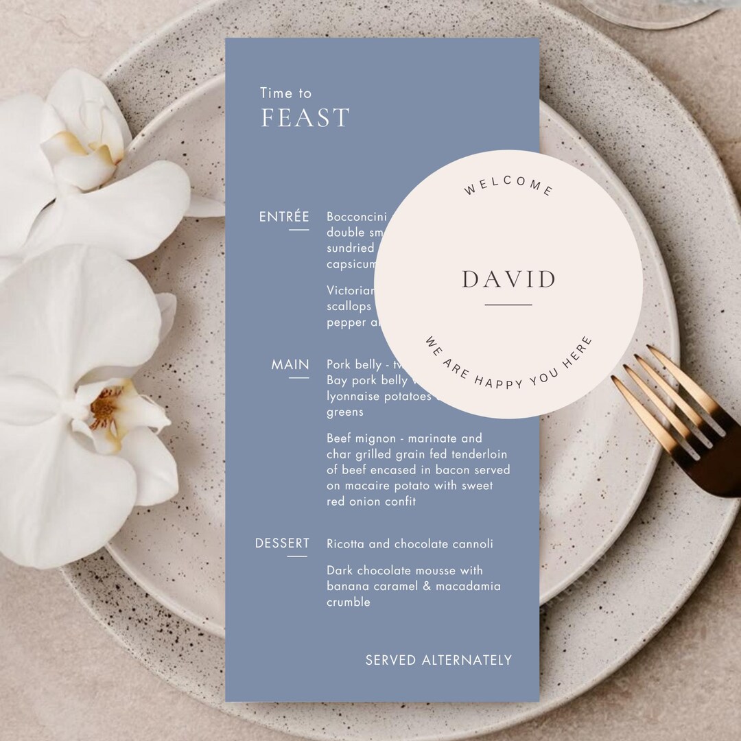 Modern Blue Wedding Dinner Menu | Blue and White Table Menu Card ...