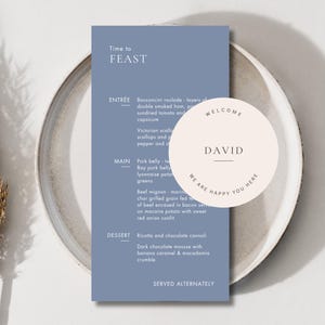Modern Blue Wedding Dinner Menu | Blue and White Table Menu Card ...