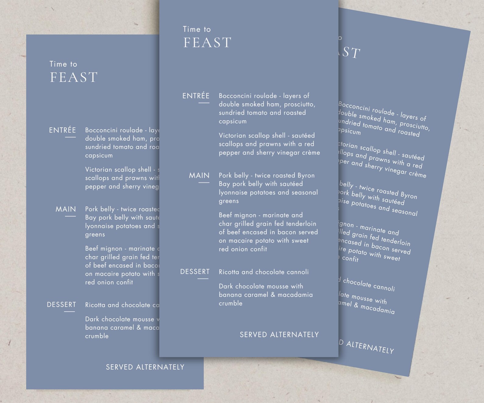 Modern Blue Wedding Dinner Menu | Blue and White Table Menu Card ...