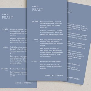 Modern Blue Wedding Dinner Menu | Blue and White Table Menu Card ...
