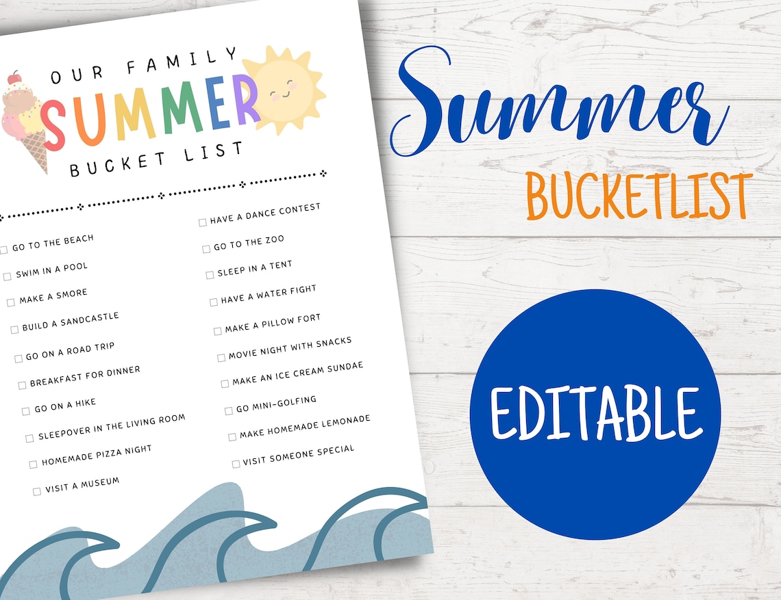 Printable Summer Bucket List | Family Summer Bucketlist | Editable ...