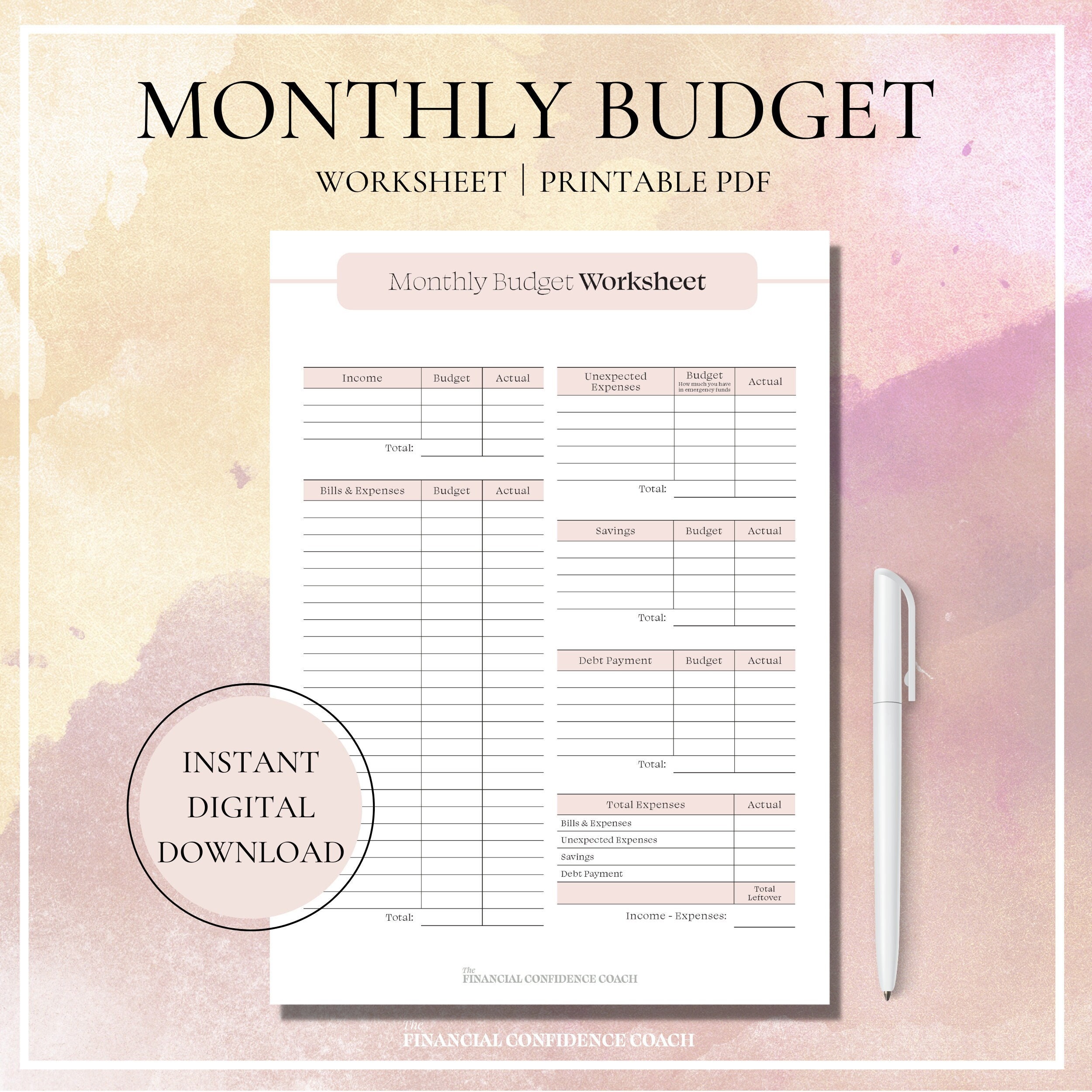 Monthly Budget Worksheet, Monthly Budget Template, Monthly Budget ...