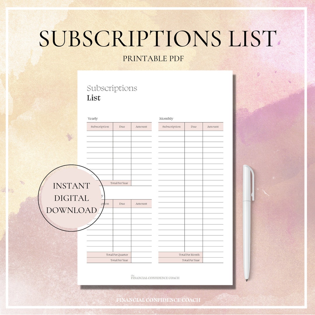 Subscriptions List Yearly, Subscription List Monthly, Yearly Debt ...
