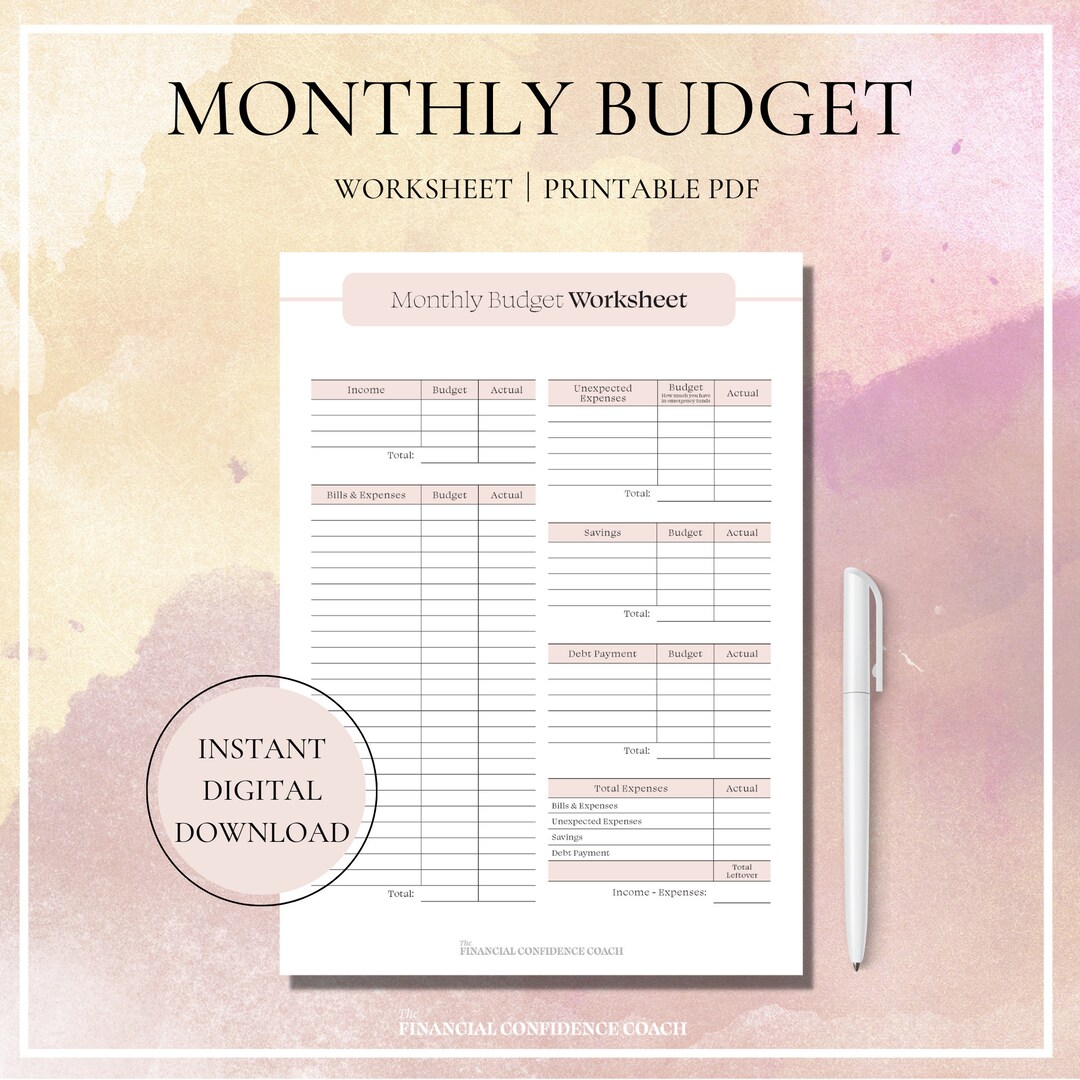 Monthly Budget Worksheet, Monthly Budget Template, Monthly Budget ...