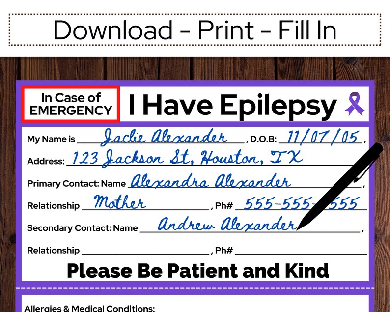 Epilepsy in Case of Emergency Card Printable, ICE Card, Printable ...