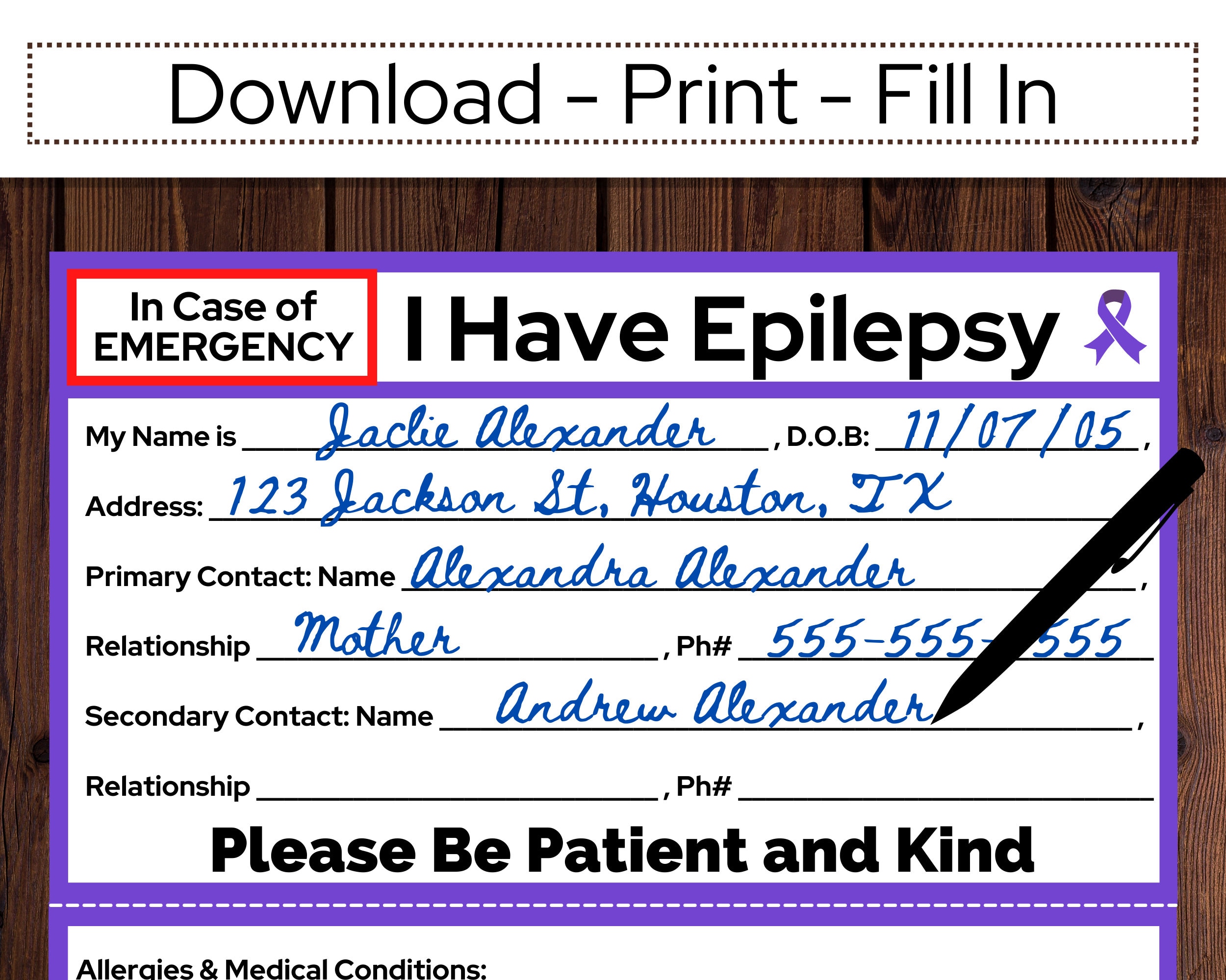 Epilepsy in Case of Emergency Card Printable, ICE Card, Printable ...
