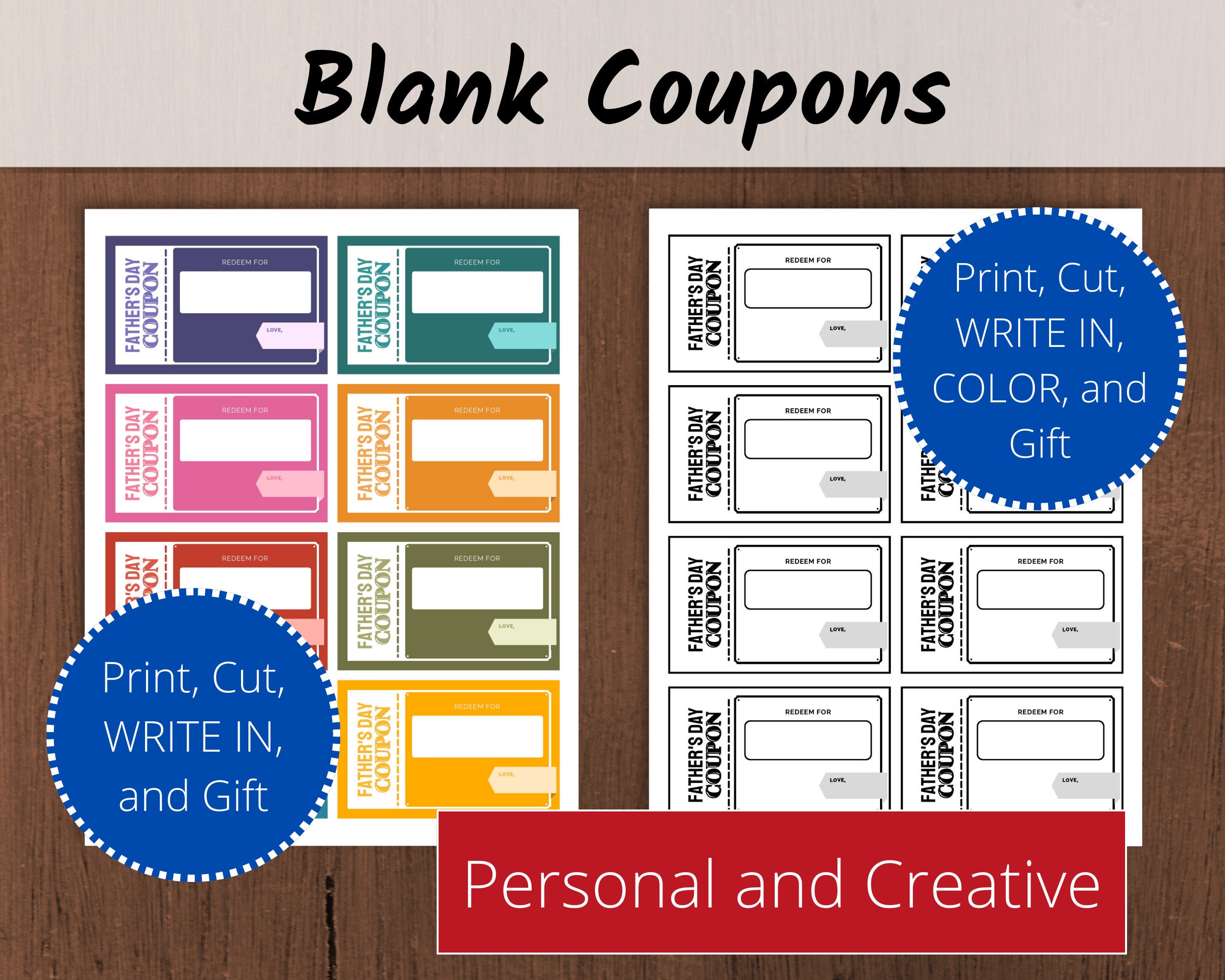 Father's Day Coupons Printable, Gift for Dad, Color or Black and White ...