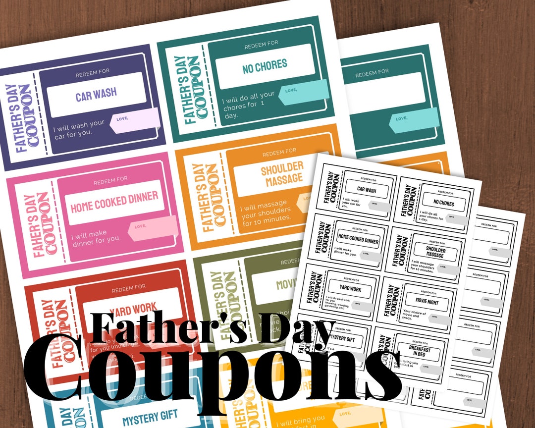 Father's Day Coupons Printable, Gift for Dad, Color or Black and White ...