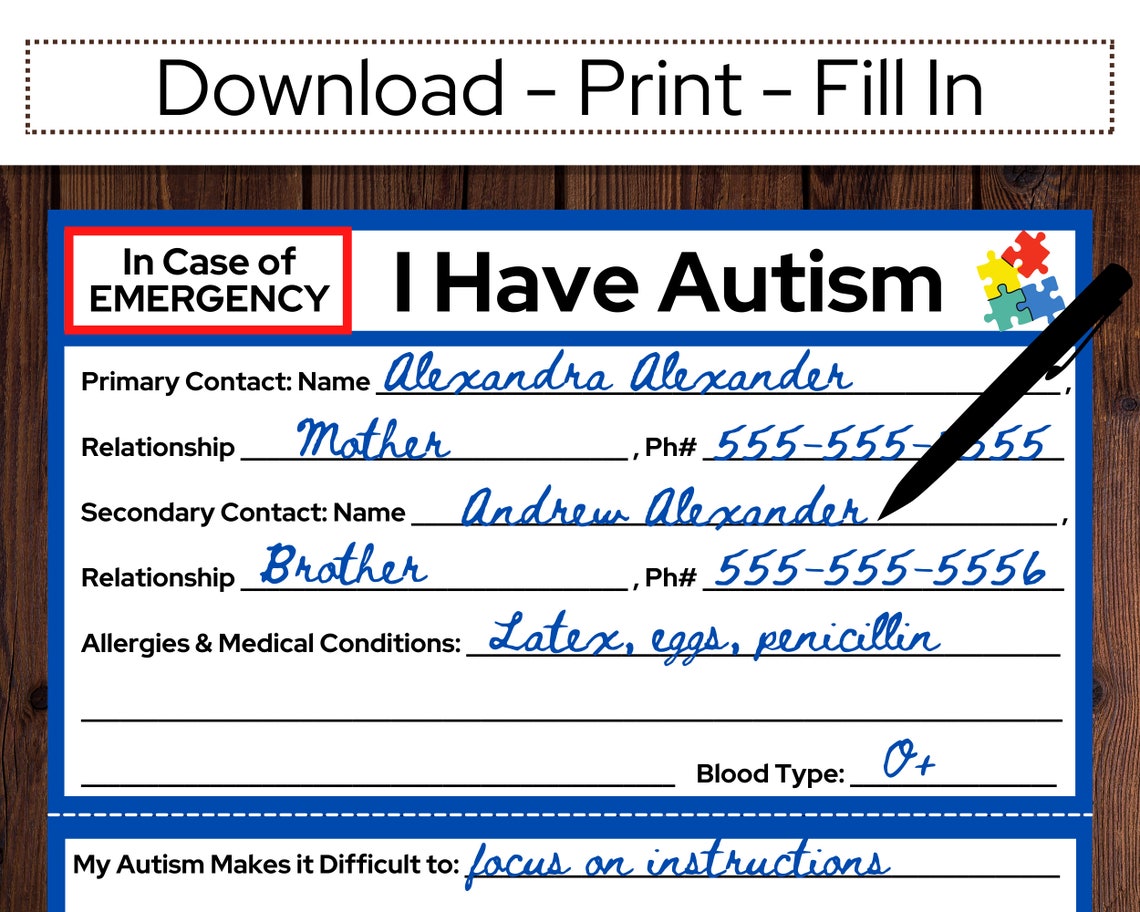 Autism in Case of Emergency Card Printable, ICE Card, Printable Medical ...