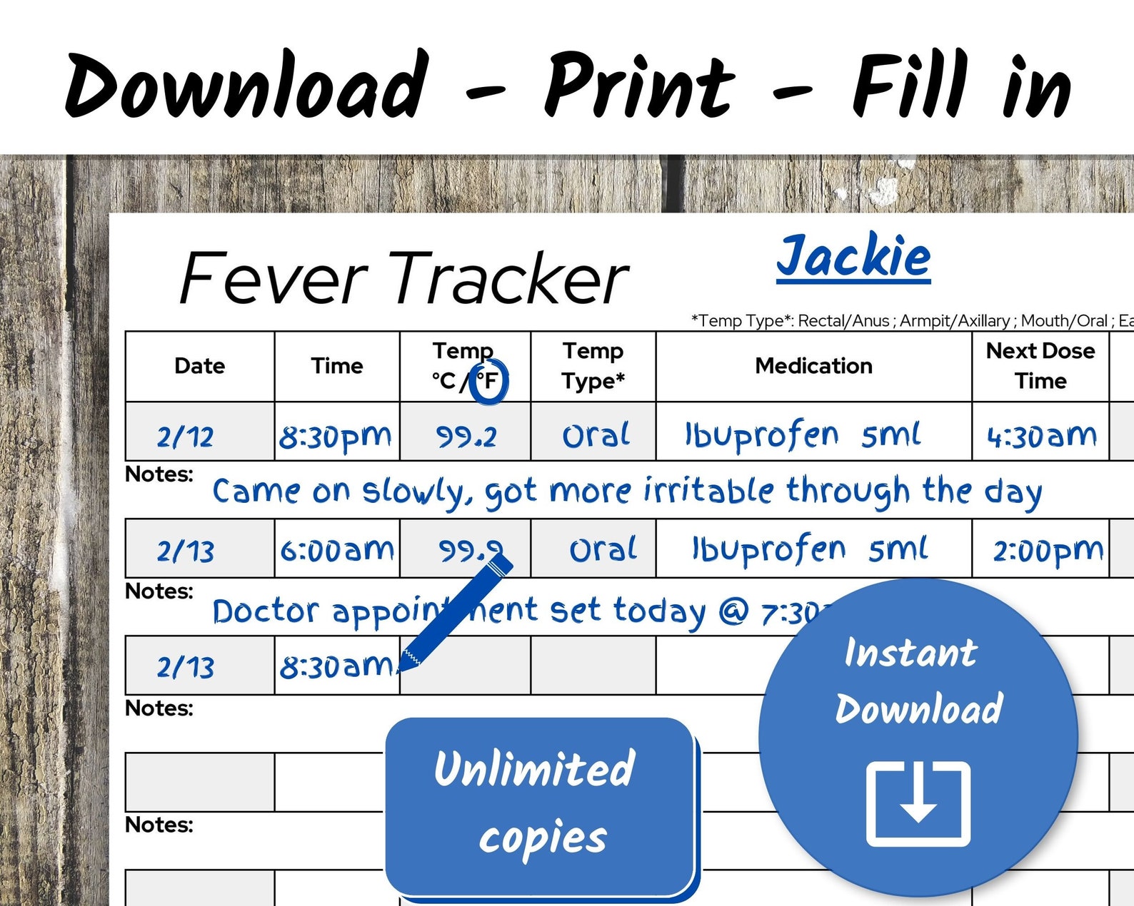 Printable Fever Tracker, Illness Tracking Chart - Medication and ...
