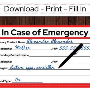 In Case of Emergency Card Printable, ICE Card, Printable Medical Card ...