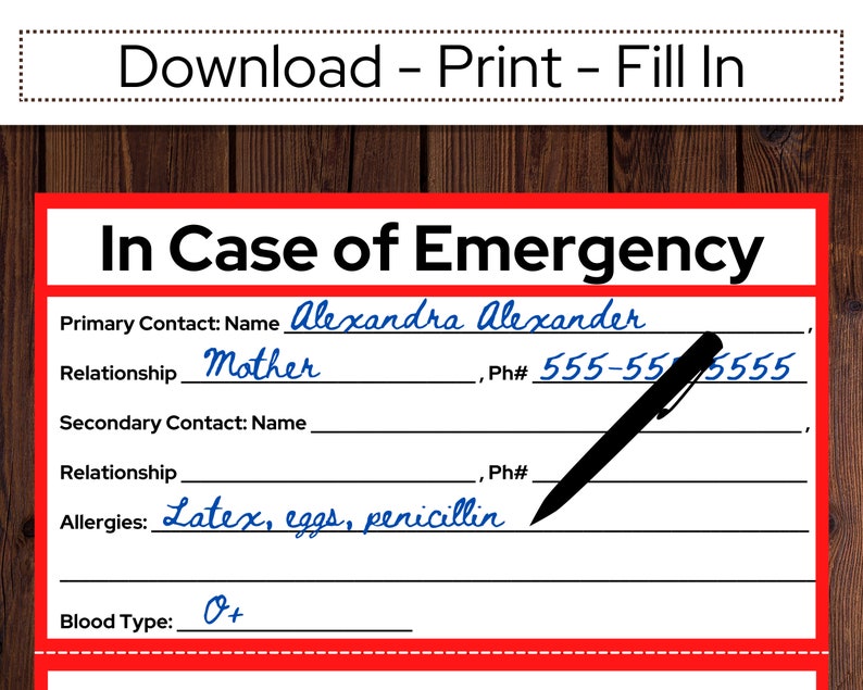 In Case of Emergency Card Printable, ICE Card, Printable Medical Card ...