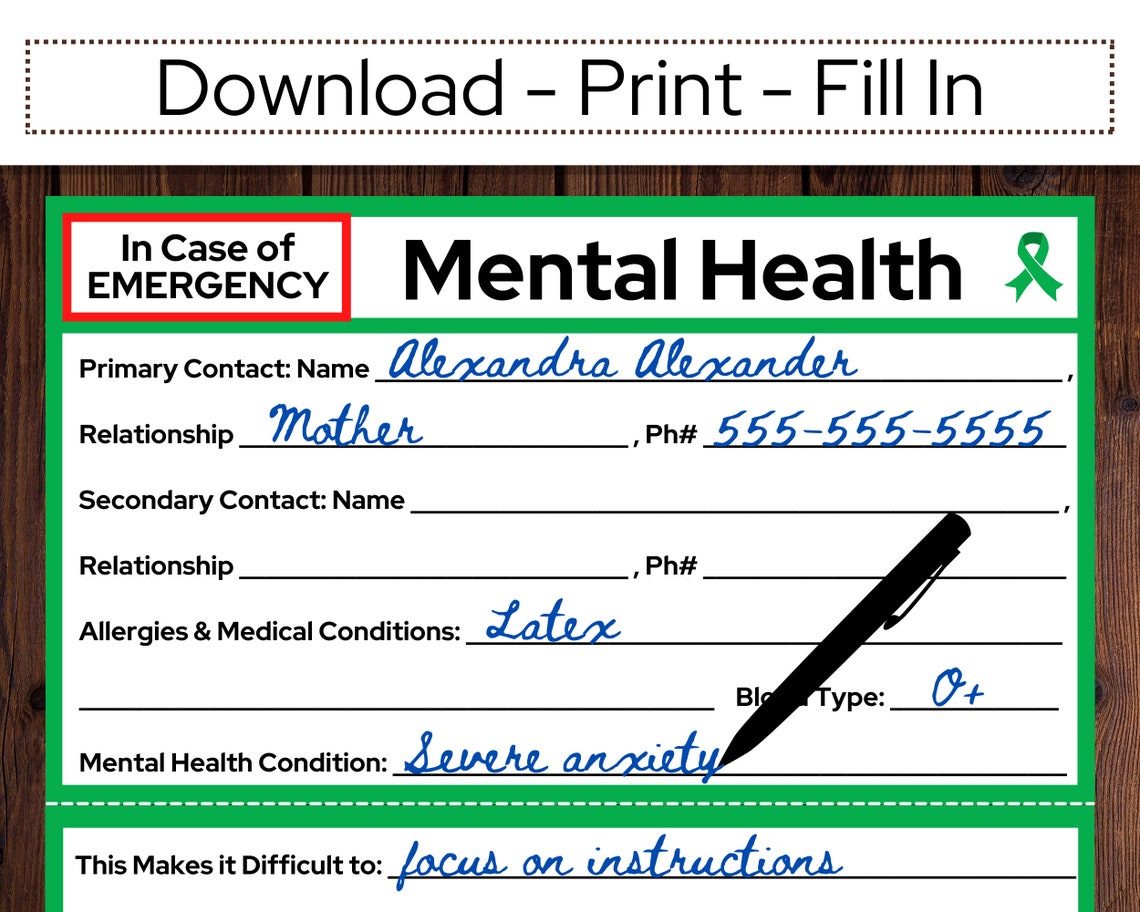 Mental Health in Case of Emergency Card Printable, ICE Card, Printable ...
