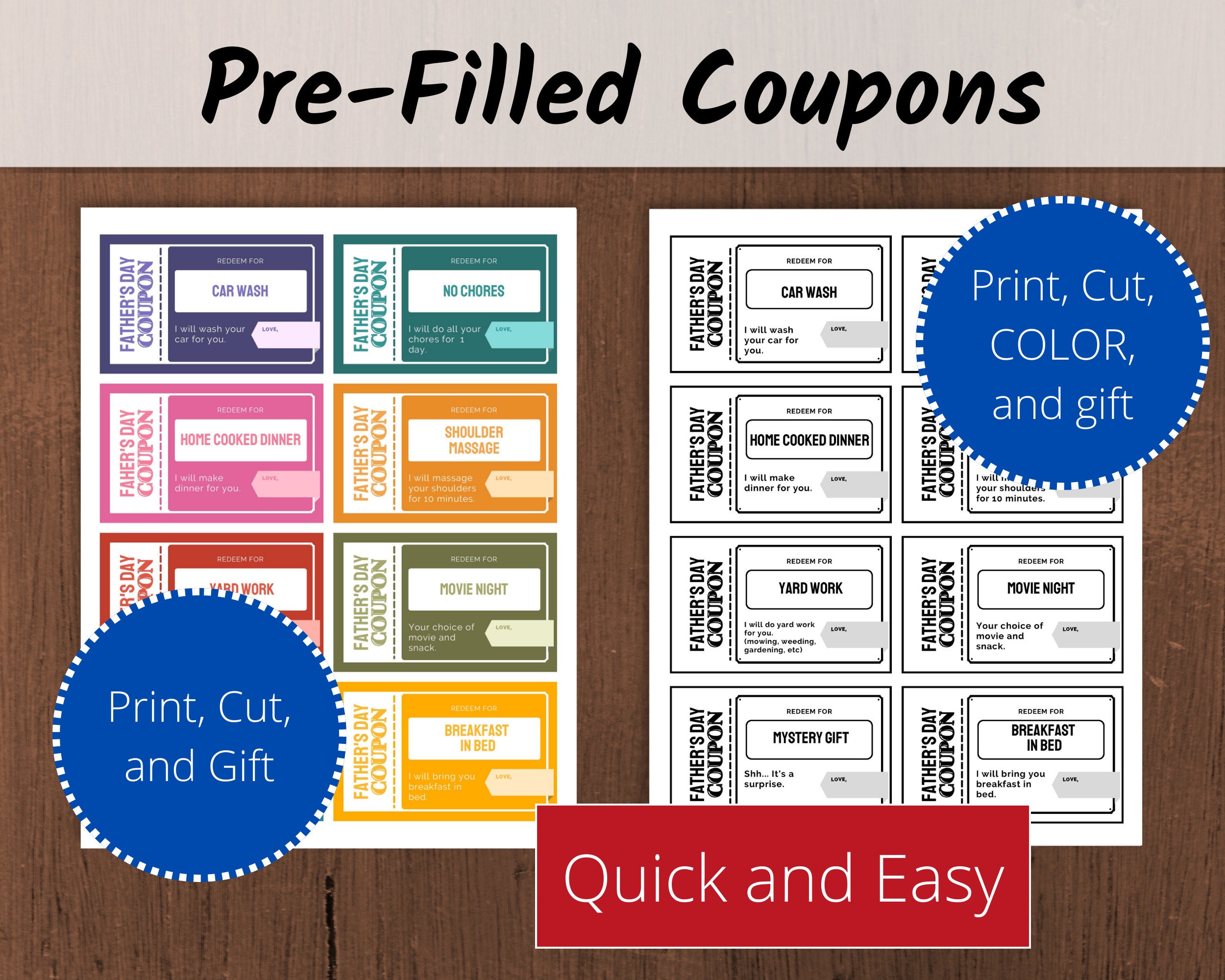 Father's Day Coupons Printable, Gift for Dad, Color or Black and White ...