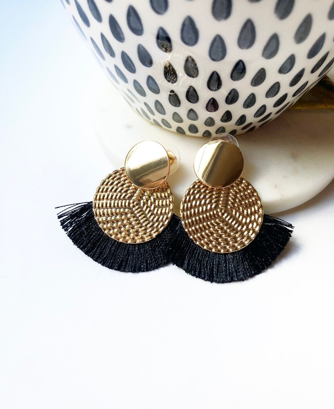 Moment Earrings Gold & Black Fringe Disc Earrings Black Fringe Earrings ...