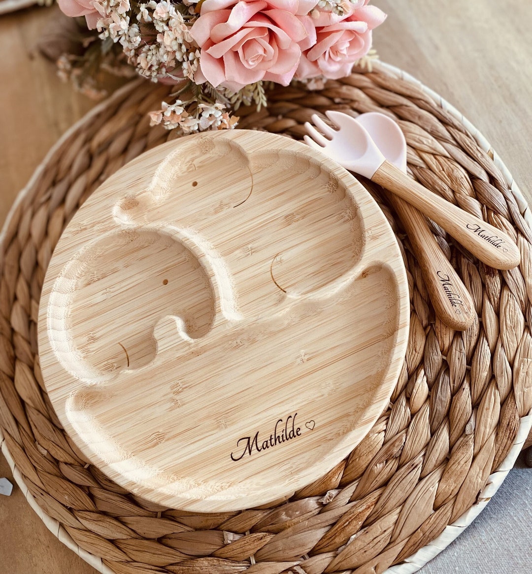 Set of Wooden Elephant Plates and Personalized Cutlery - Suction Cup ...