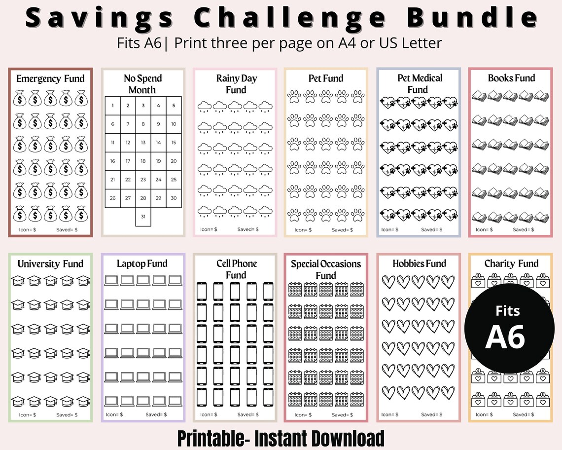 Savings Challenge Printable Savings Challenge Bundle Fits - Etsy Canada
