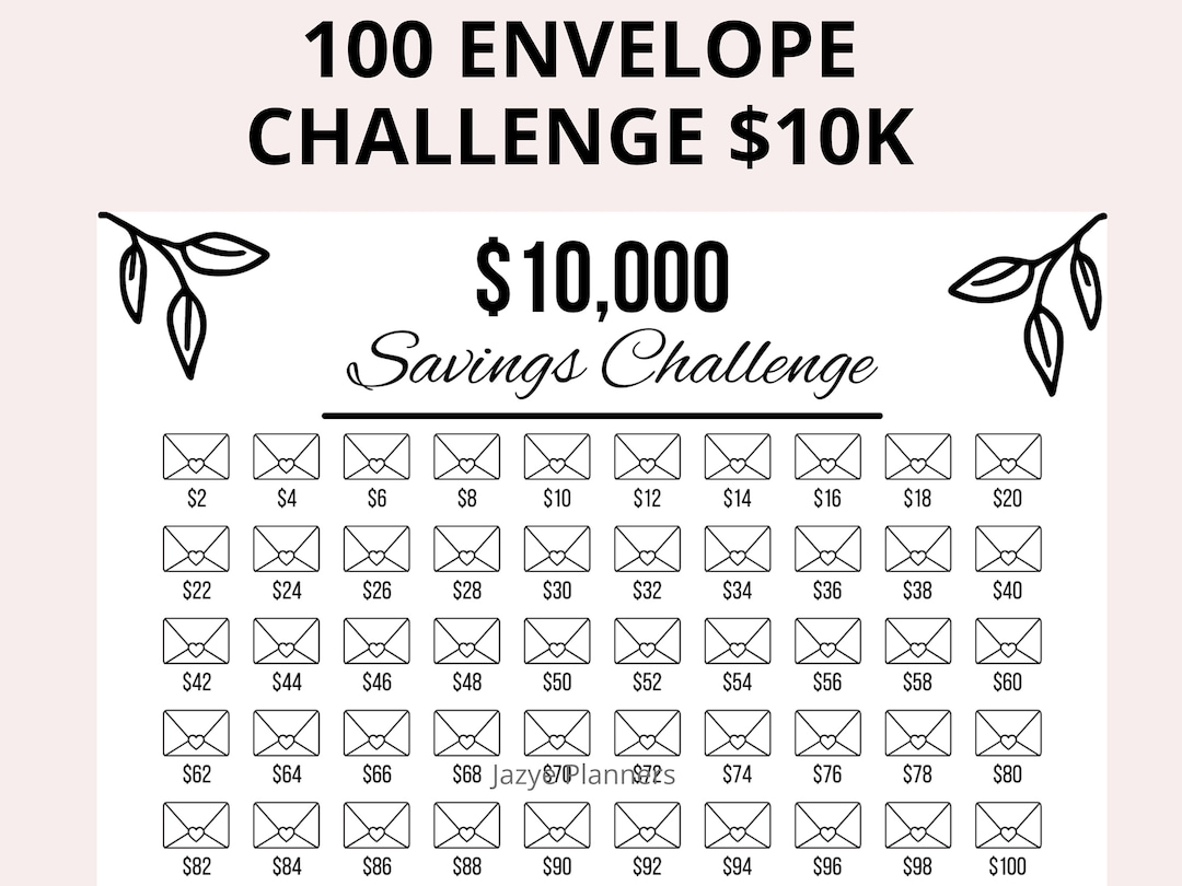10K 100 Envelope Challenge Printable| 10000 Savings Challenge Printable ...