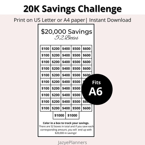 20K Savings Challenge Savings Tracker Money Challenge 52 - Etsy