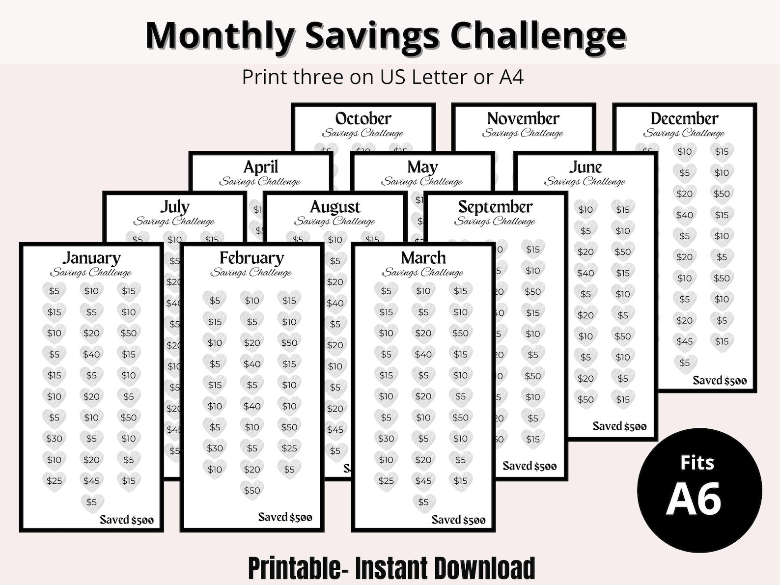 Monthly Savings Challenge Printable for A6 Cute Black & - Etsy