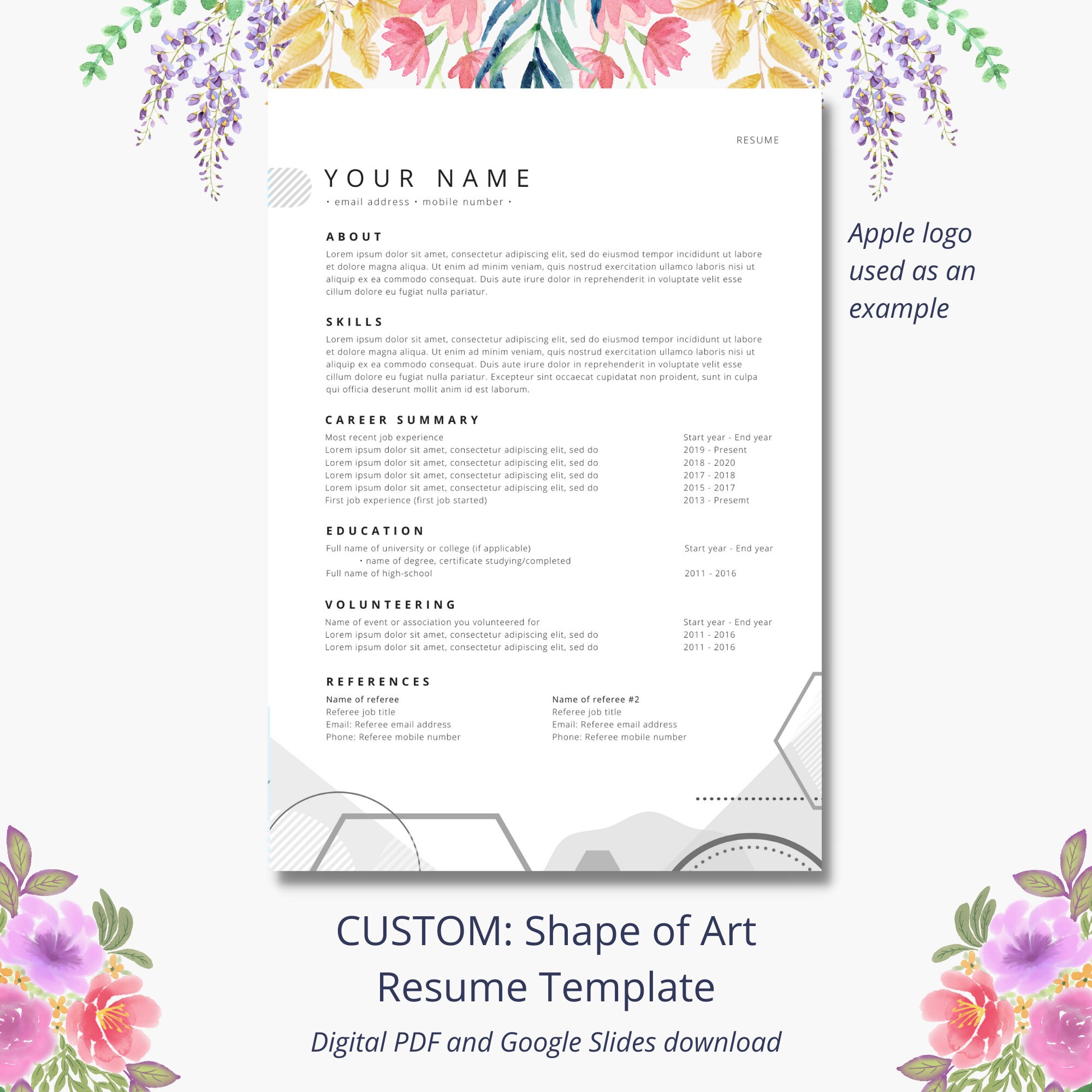 CUSTOM COLOURS: Shape of Art Resume Template - Etsy Australia