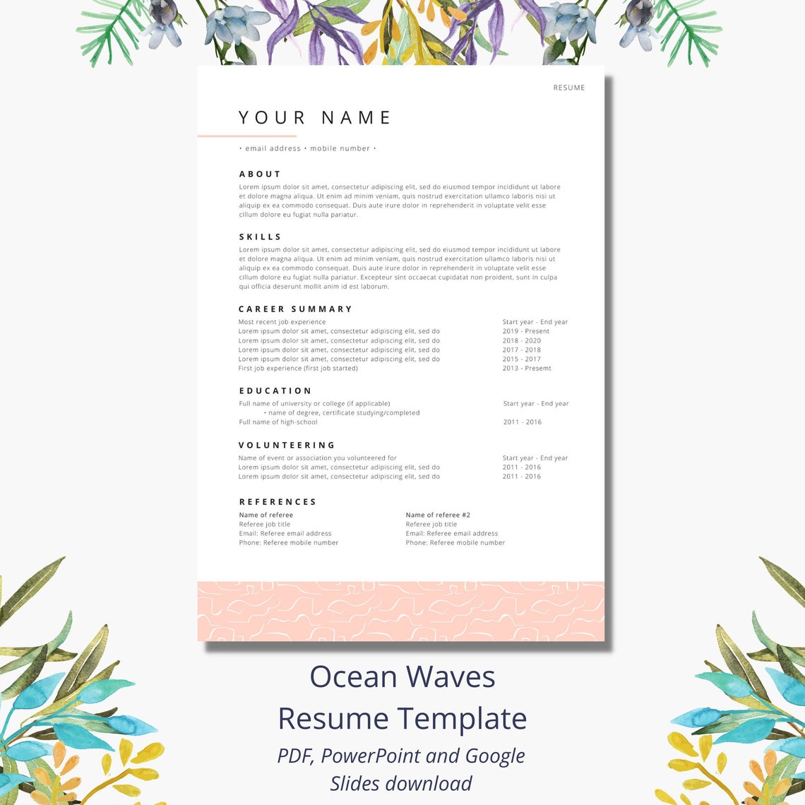Ocean Waves Resume Template - Colours Customisable! - Etsy