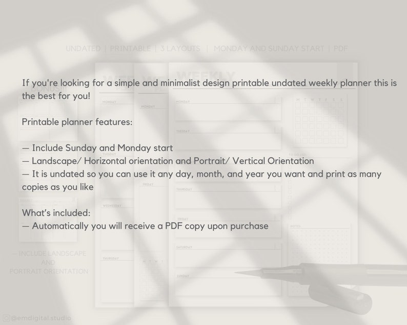 Weekly Planner Printable to Do List Minimalist Vertical Portrait ...