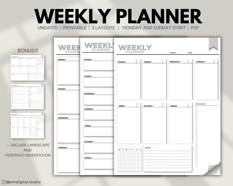 Weekly Planner Printable to Do List Minimalist Vertical Portrait ...